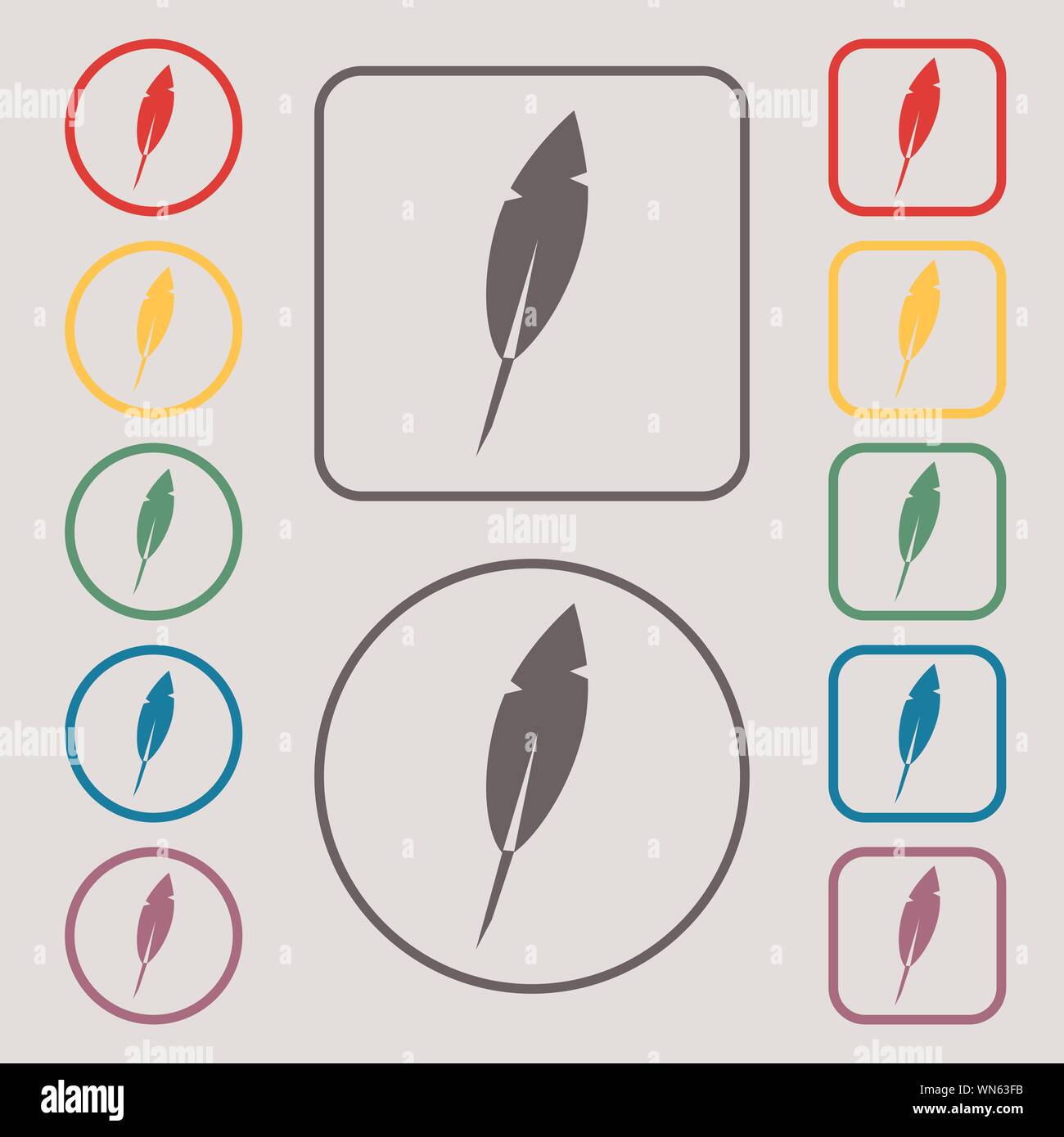 Feather sign icon. Retro pen symbo. Symbols on the Round and square ...