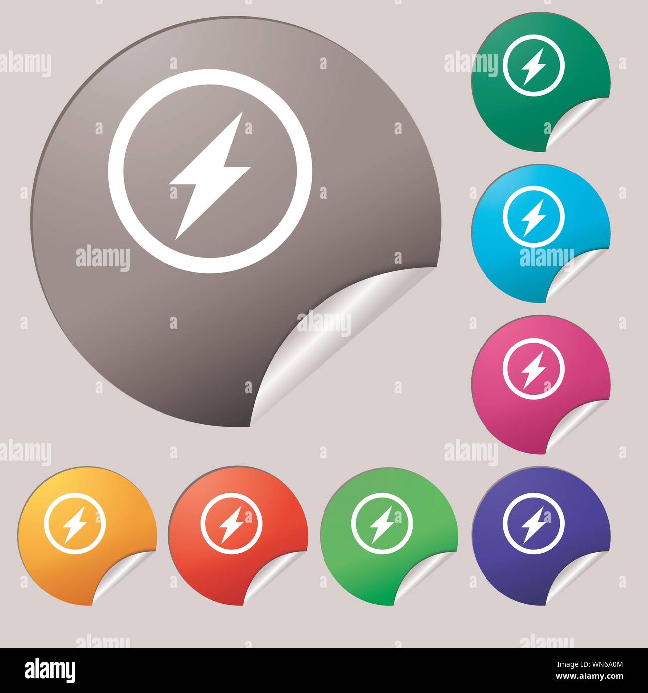 Photo flash sign icon. Lightning symbol. Set of eight multi colored ...