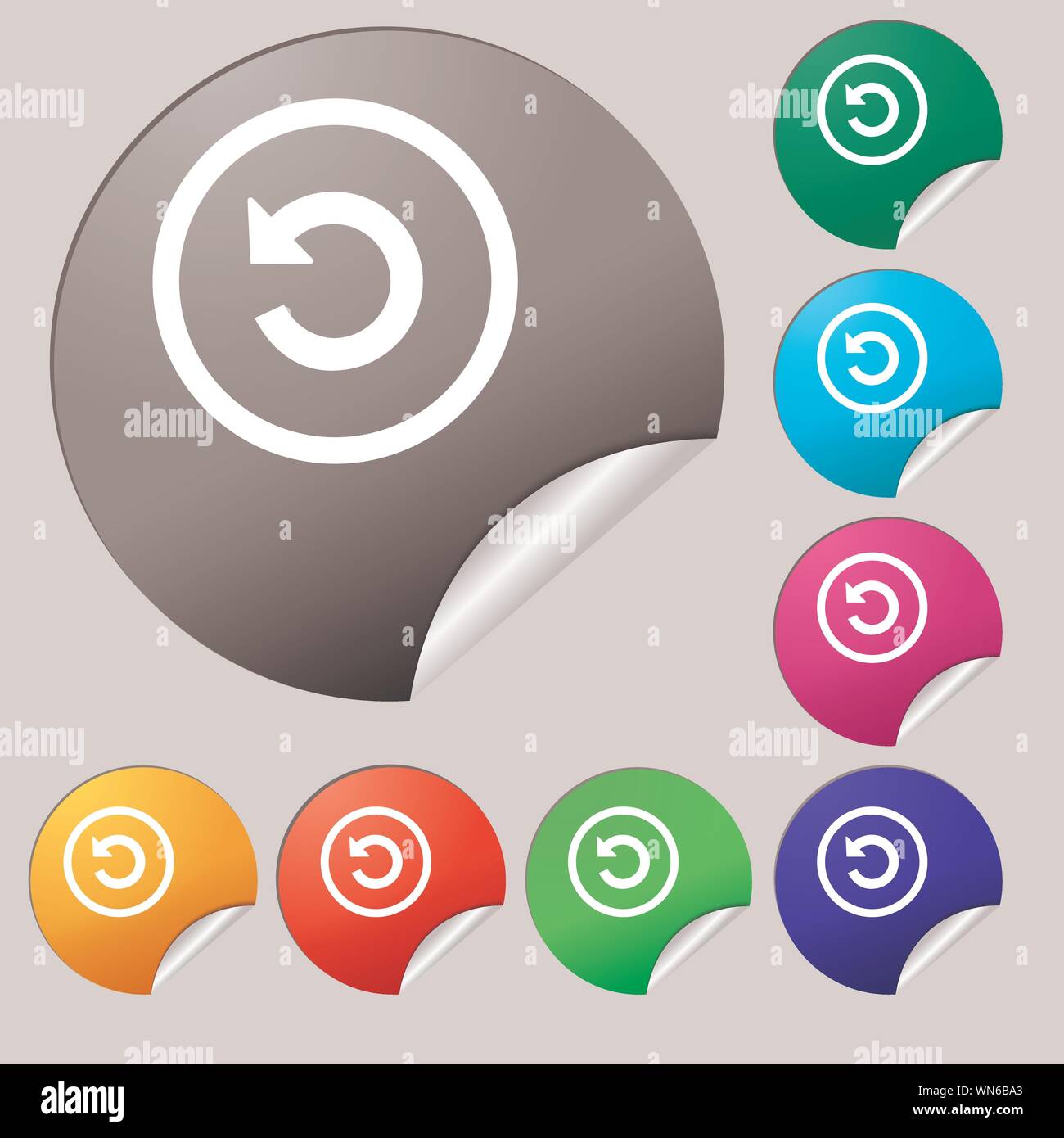 Upgrade, arrow, update icon sign. Set of eight multi colored round ...