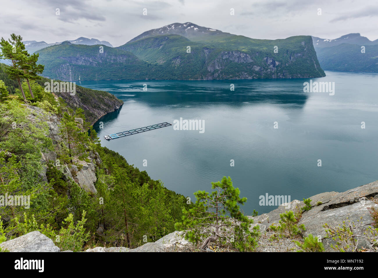 Fish farm in fjord Storfjorden in Stranda, More og Romsdal, Norway ...