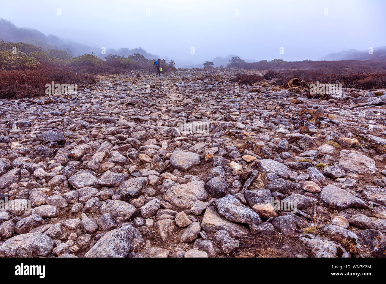 A trekker crossing rocks on the Gochela trek in the Kanchenjunga ...