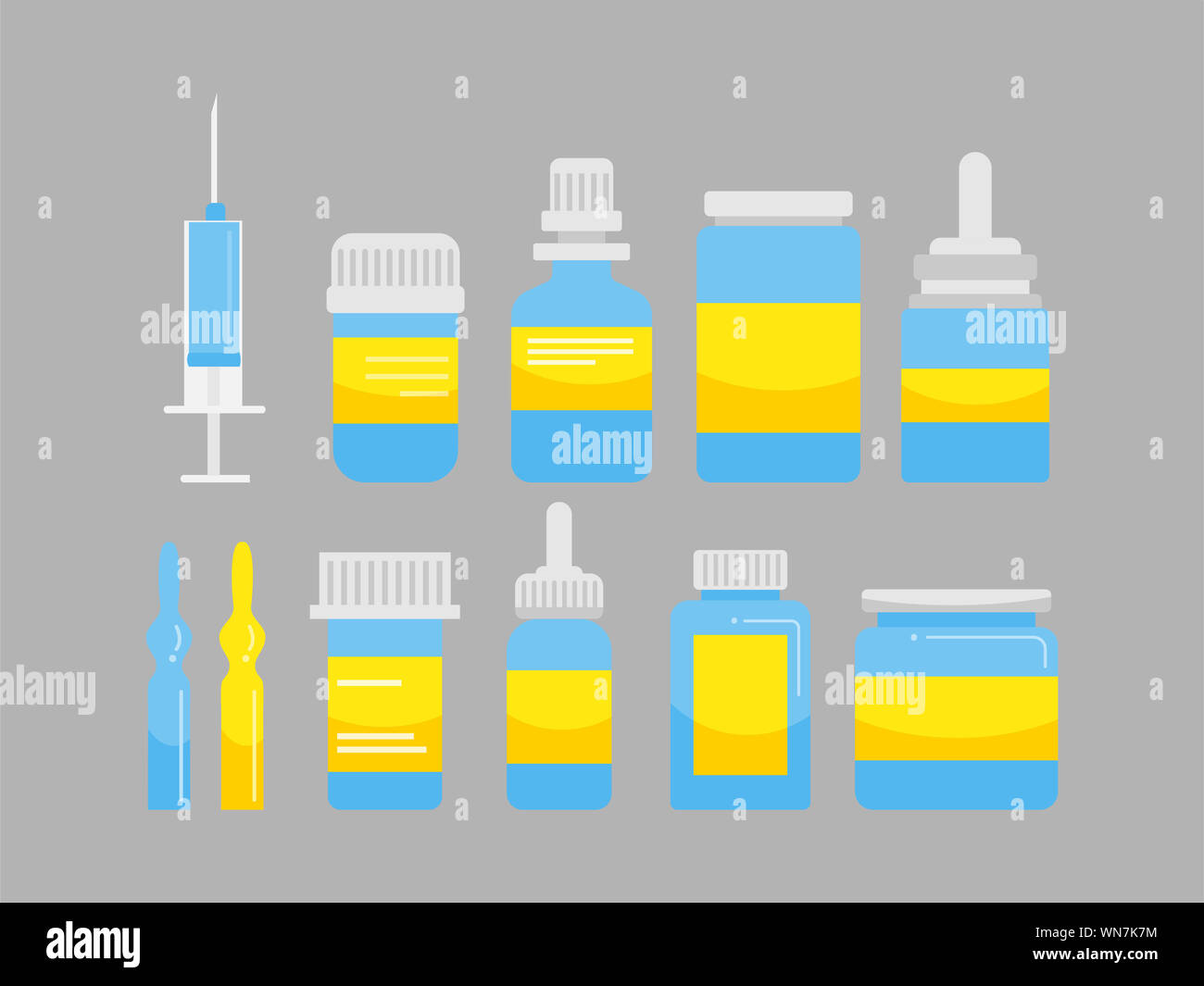 Group of Medicine white blue yellow bottles and syringe , pharmacy ...