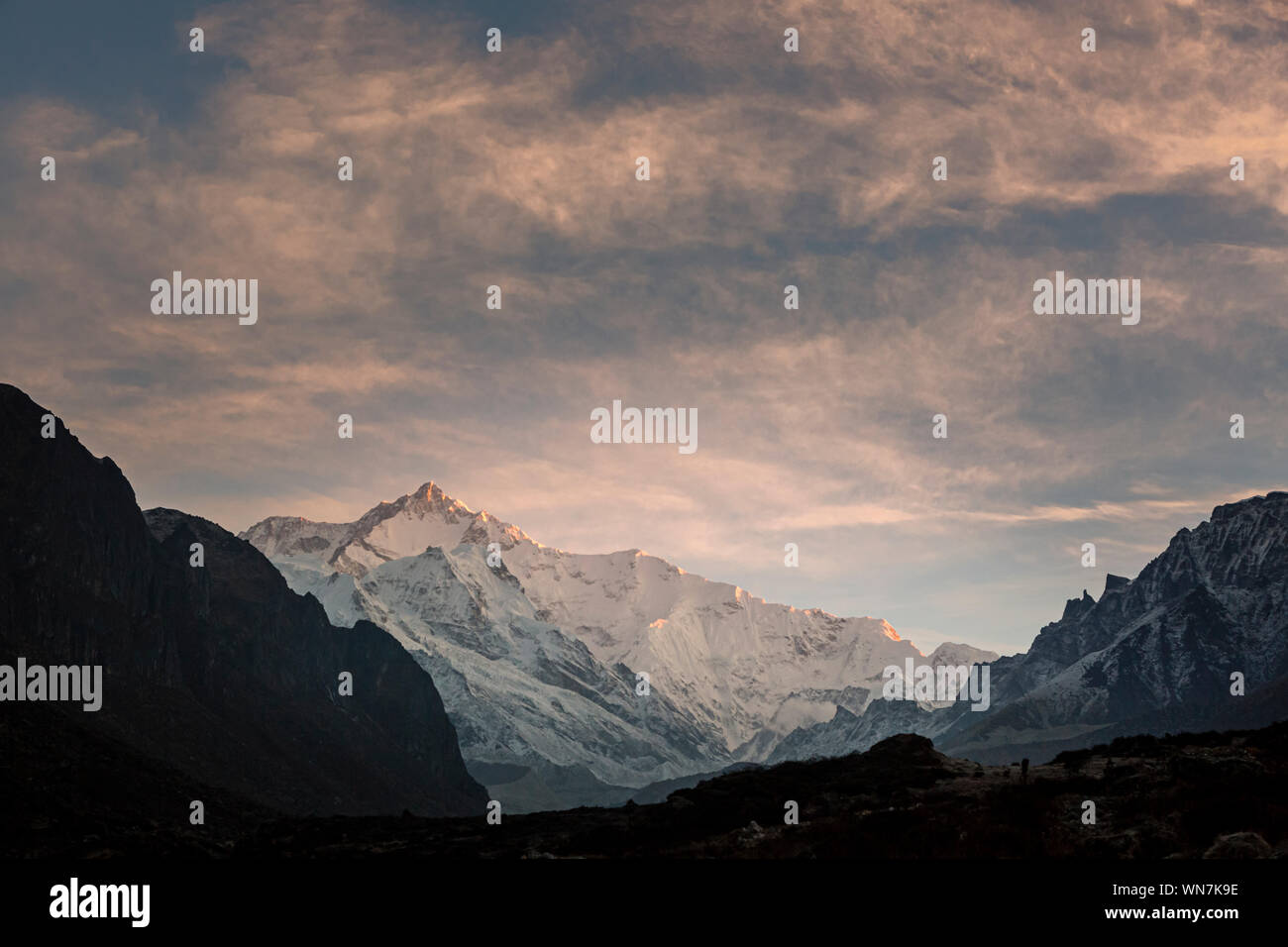 View of the Kanchenjunga mountain range in the Himalayas in the state ...