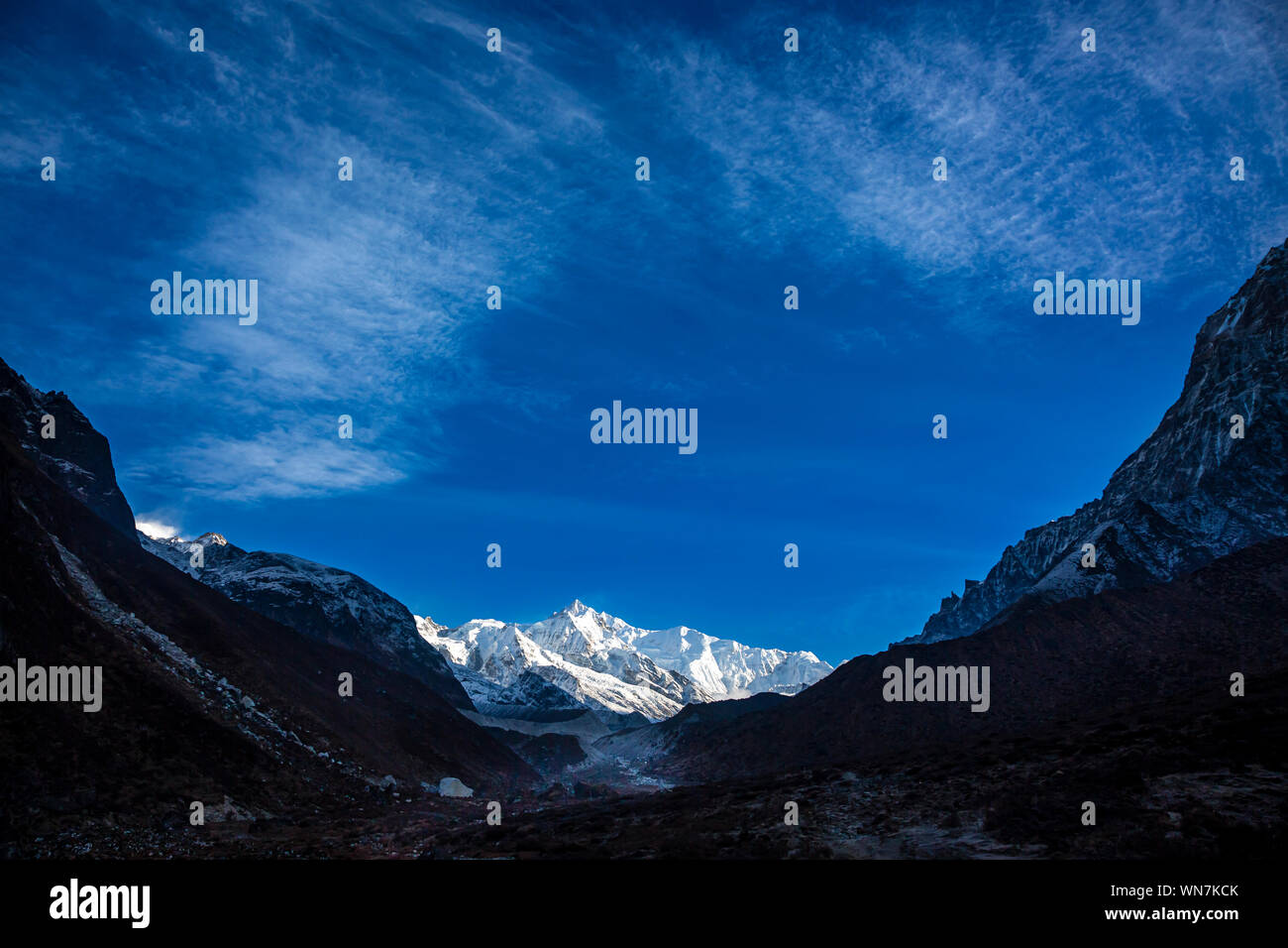 View of the Kanchenjunga mountain range in the Himalayas in the state ...