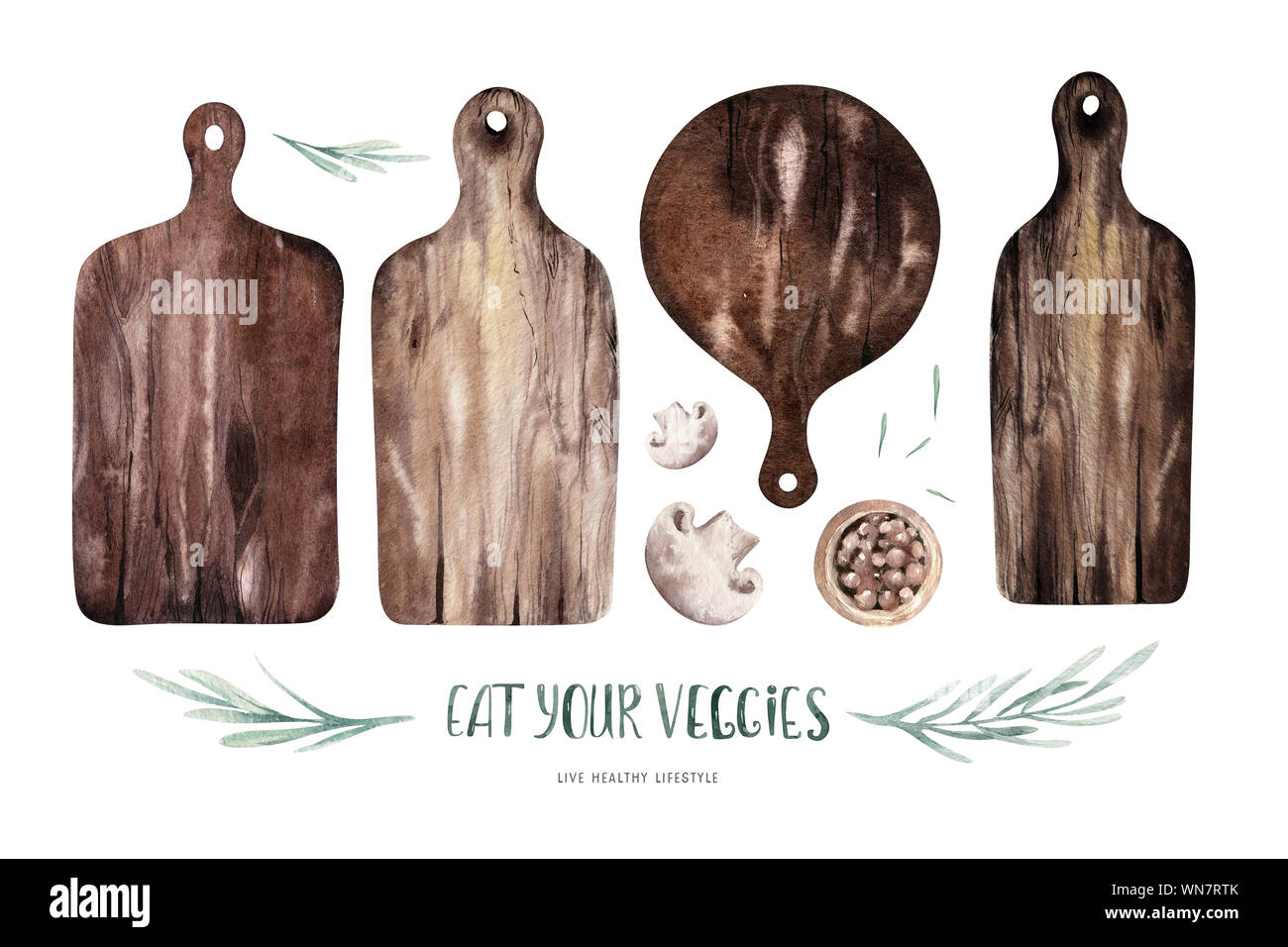 Set of watercolor kitchen wooden cutting boards. Hand drawn ...