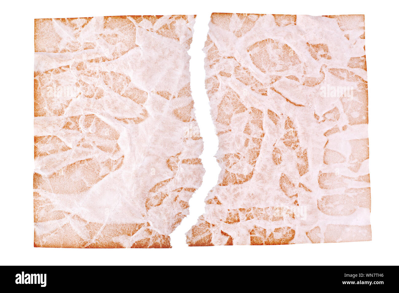 Torn sheets of brown aged paper on white background isolated close up ...
