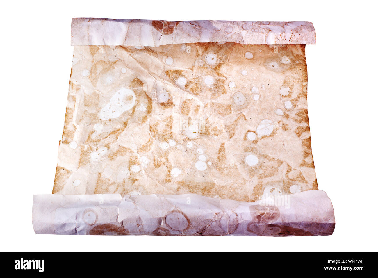 Old brown paper roll on white background isolated close up, scroll ...