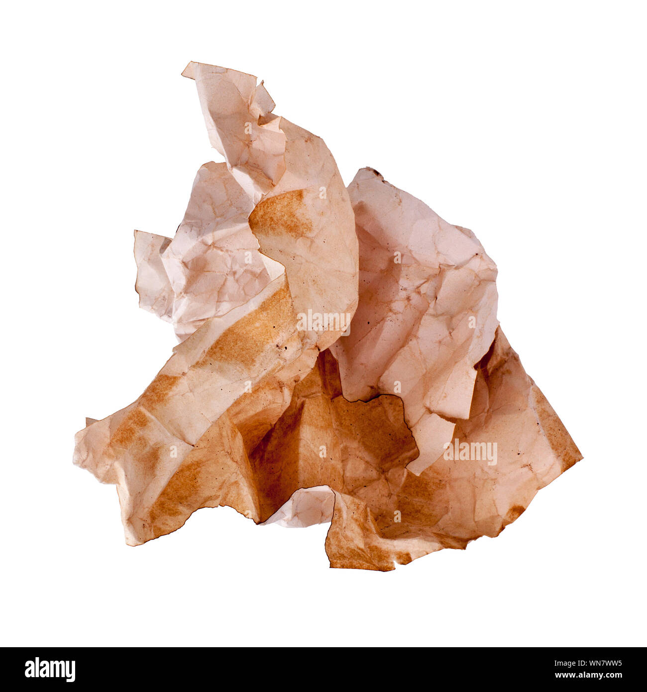 Сrumpled old brown paper ball on white background isolated close up ...