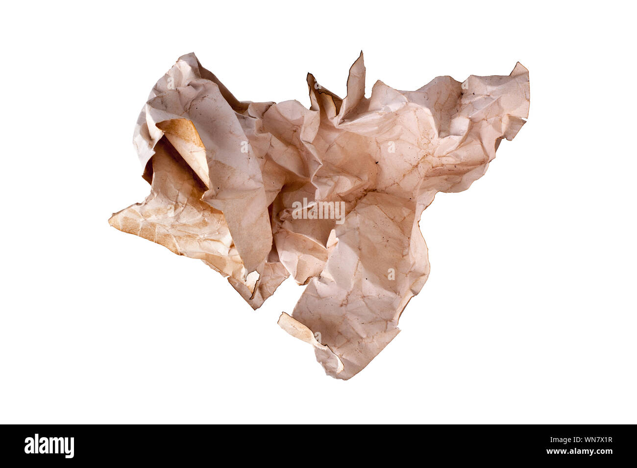 Сrumpled old brown paper ball on white background isolated close up ...