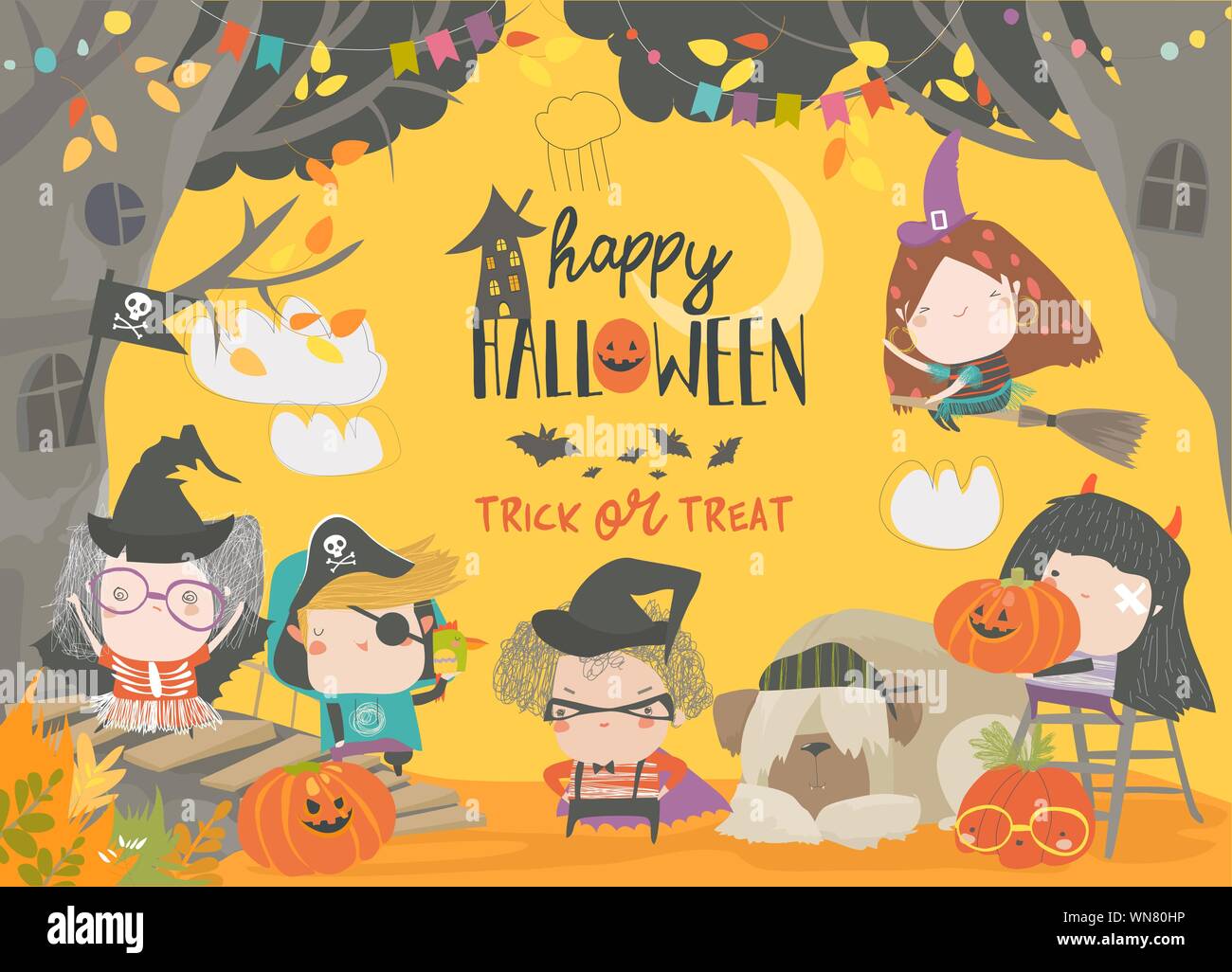 Funny children wearing in Halloween costumes. Trick or treat Stock ...