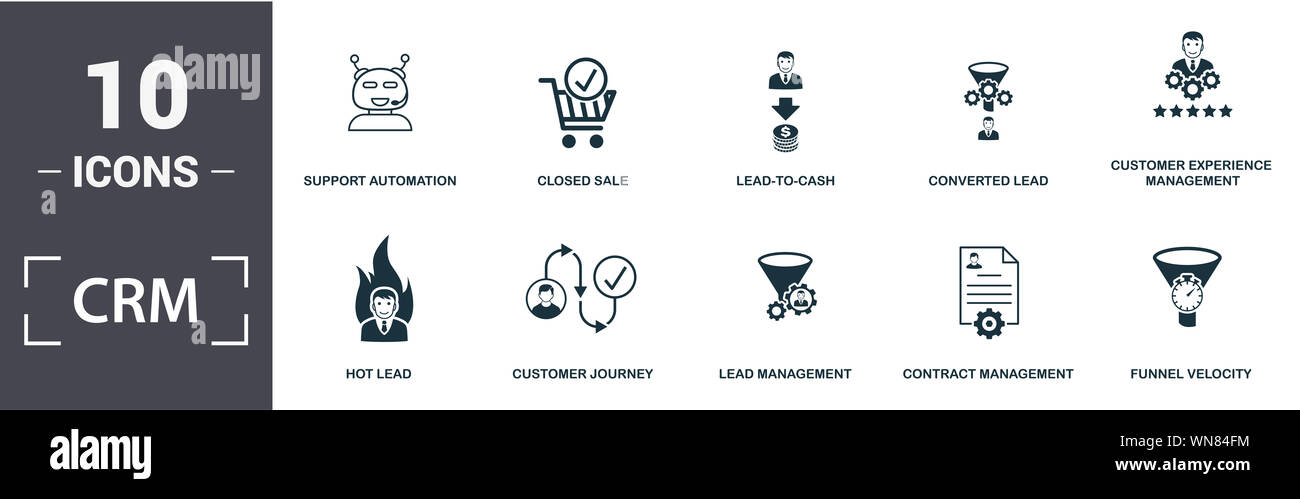 Crm icon set. Contain filled flat contract management, converted lead ...