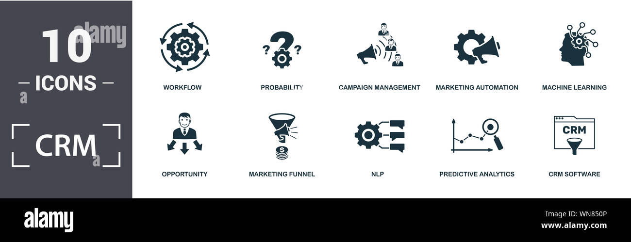 Crm icon set. Contain filled flat machine learning, marketing ...