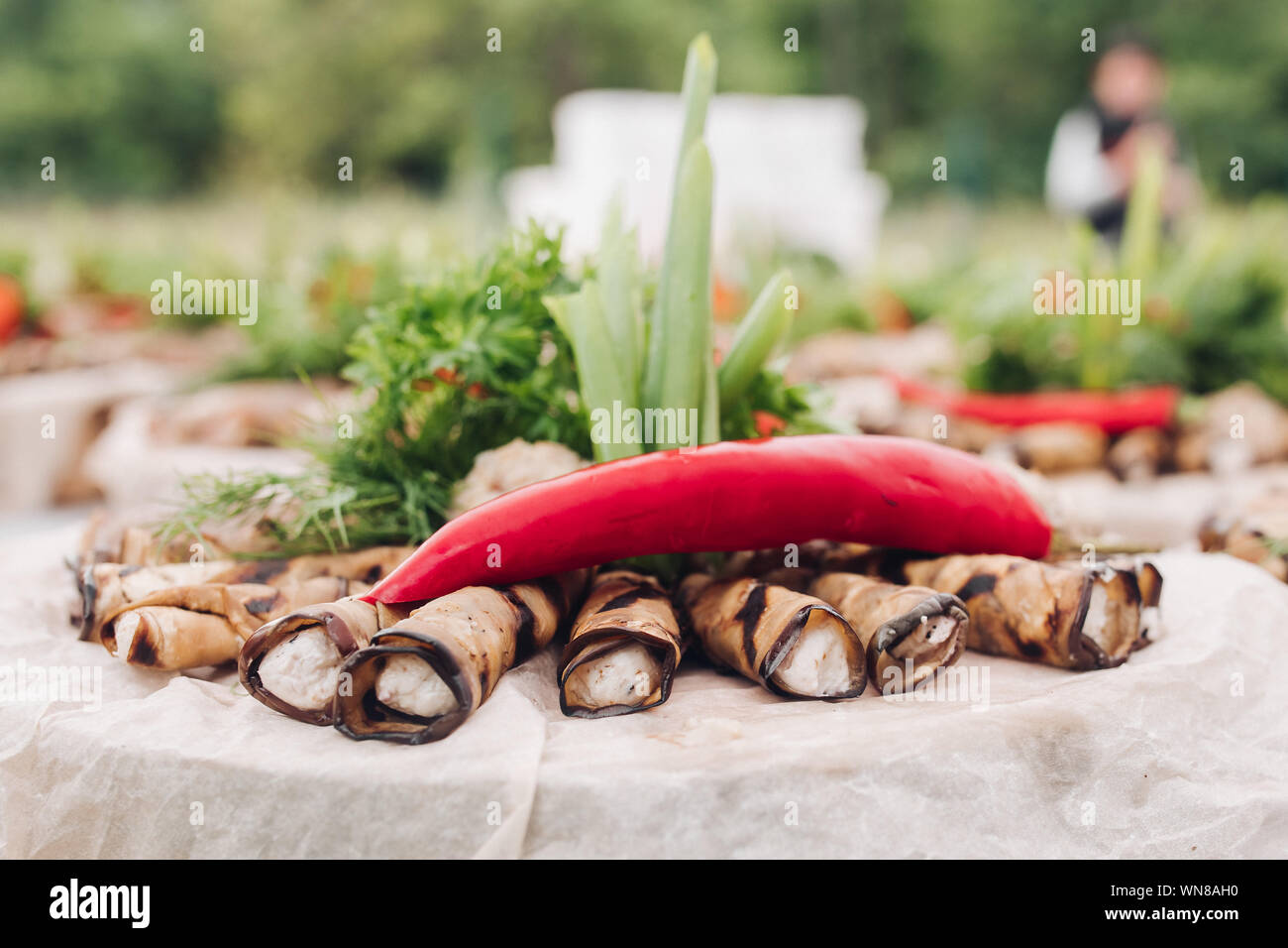 Side view of vegetables served on table during picnic Stock Photo - Alamy