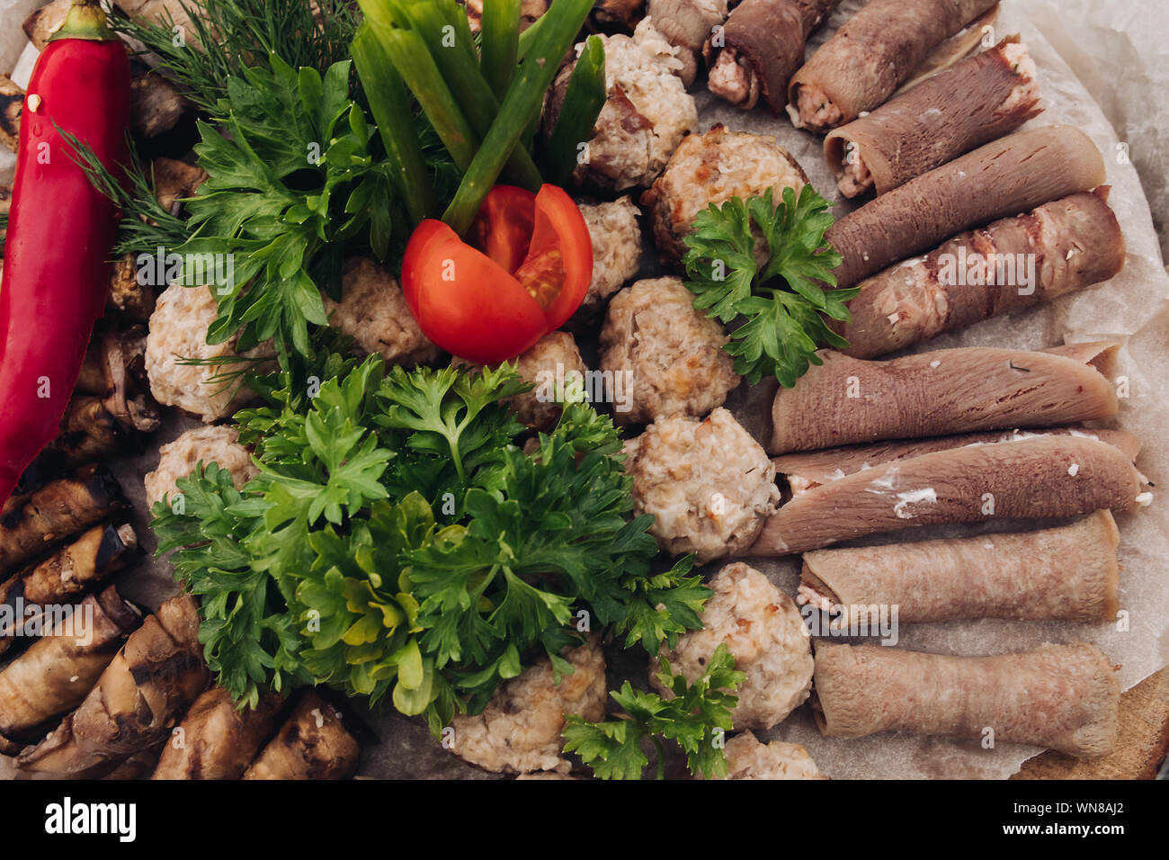 Meat and vegetable platters at banquet.Banquet wedding reception ...