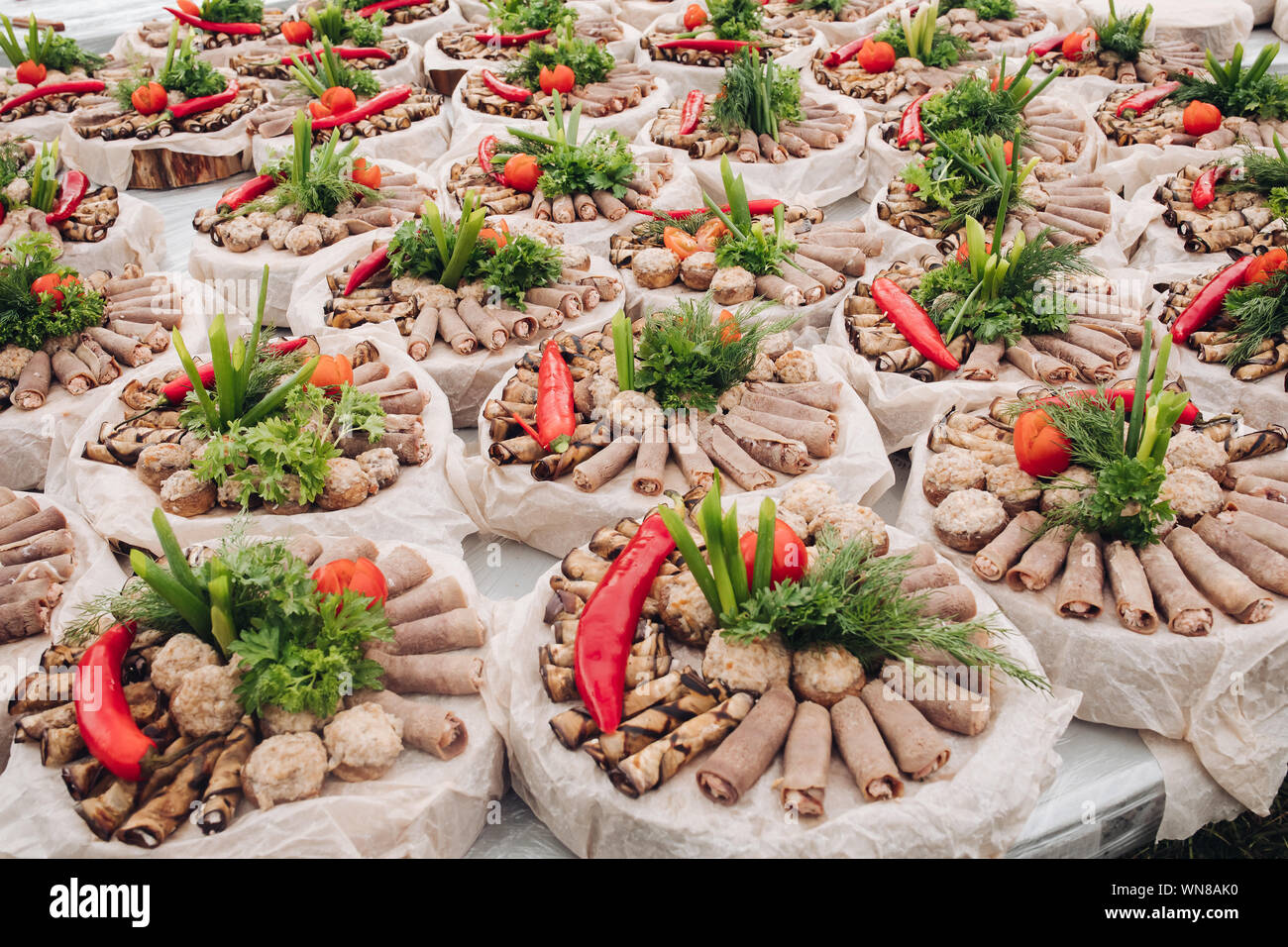 Meat and vegetable platters at banquet.Banquet wedding reception ...