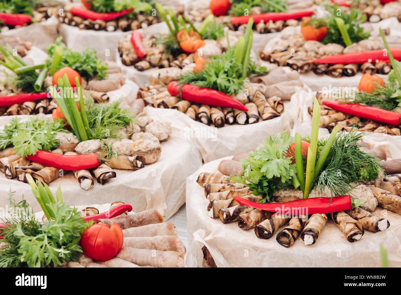Side view of vegetables served on table during picnic Stock Photo - Alamy
