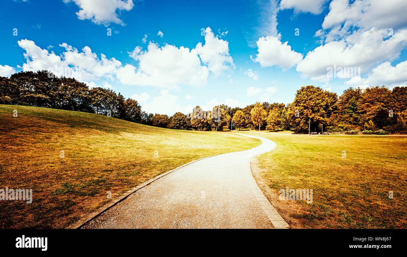 Autumn park with path and colorful fall foliage. Autumn landscape ...