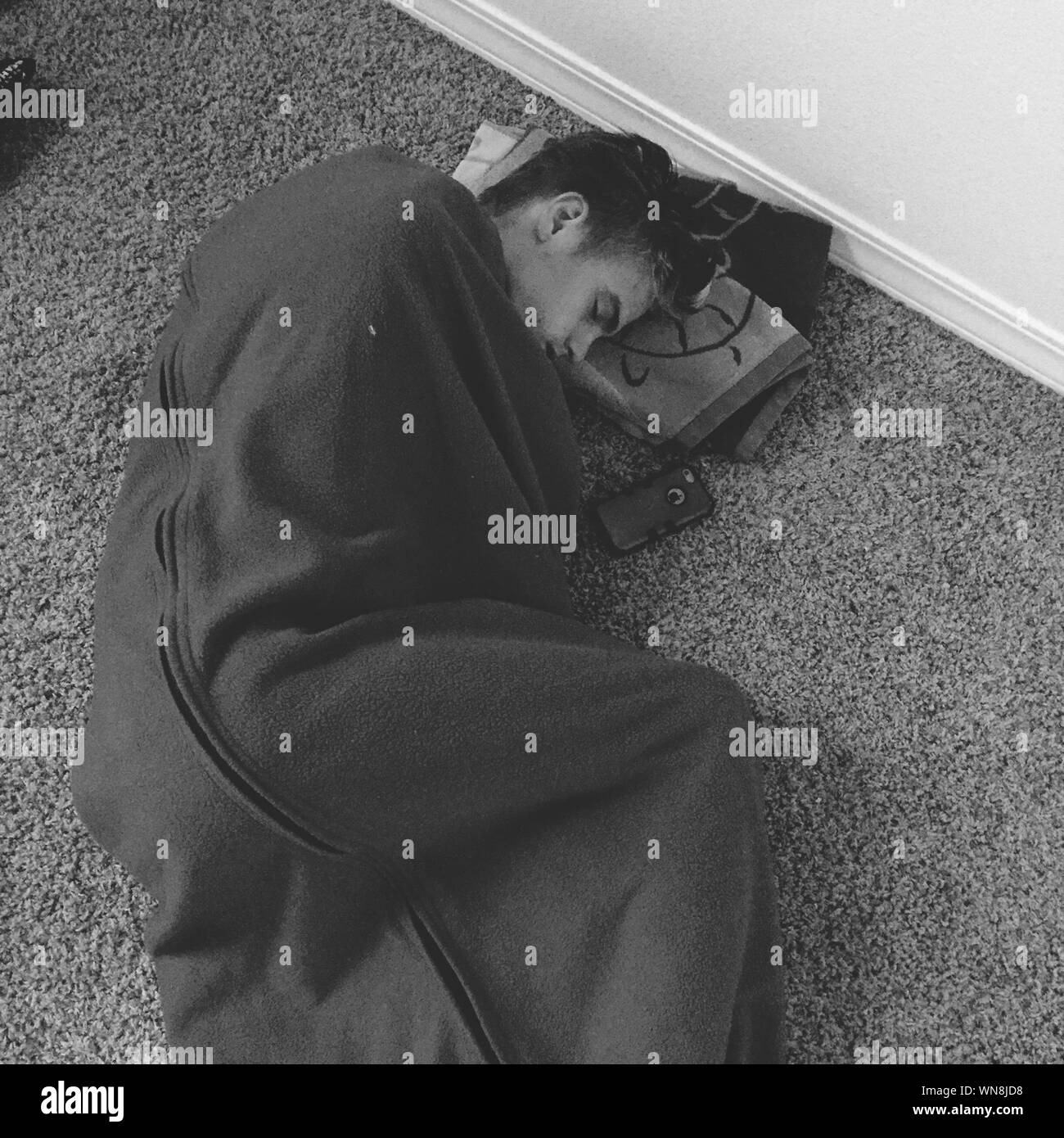 Man and mobile phone and side view Black and White Stock Photos ...