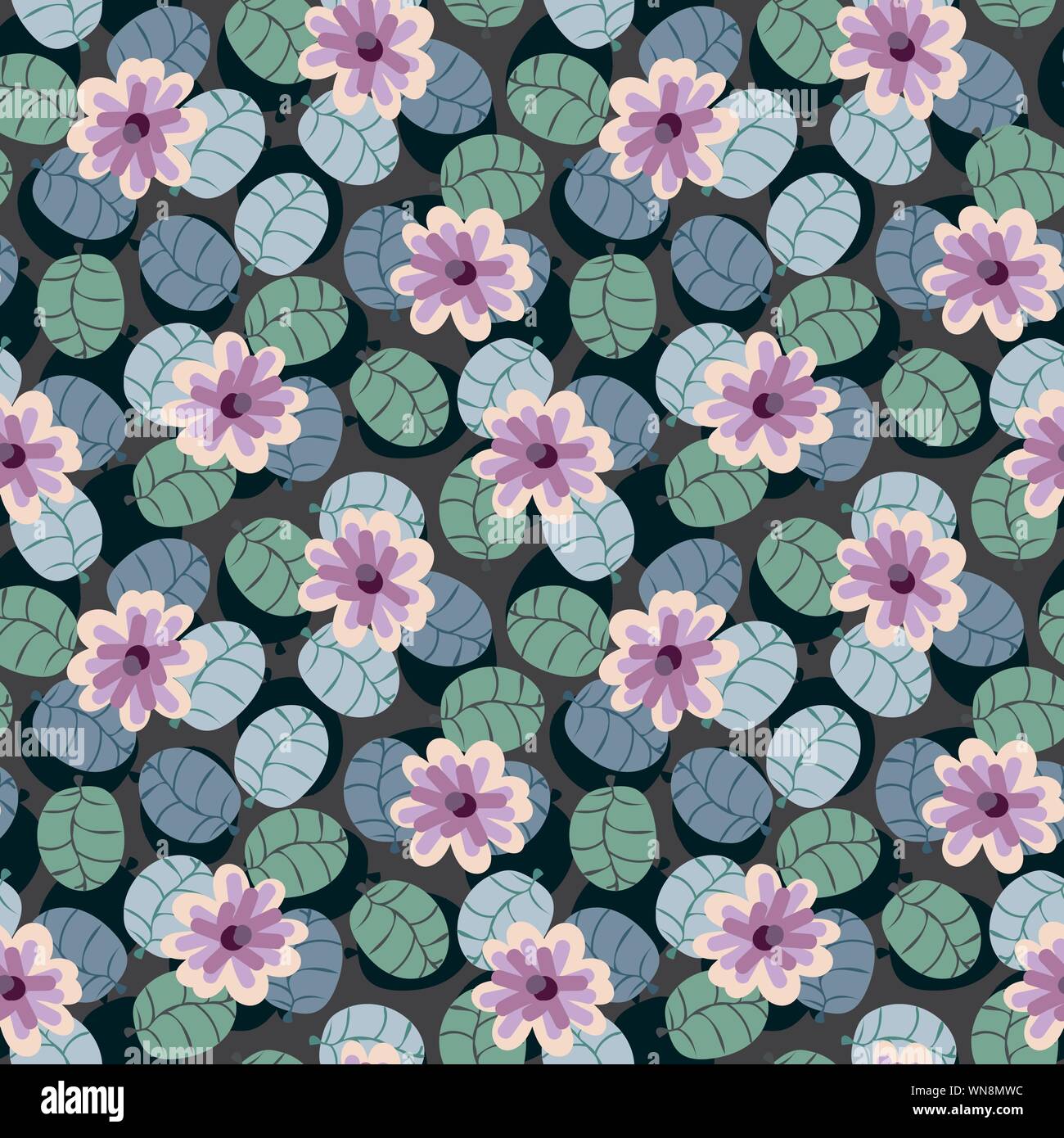 seamless vector pattern with pink flowers and muted green leaves on a ...