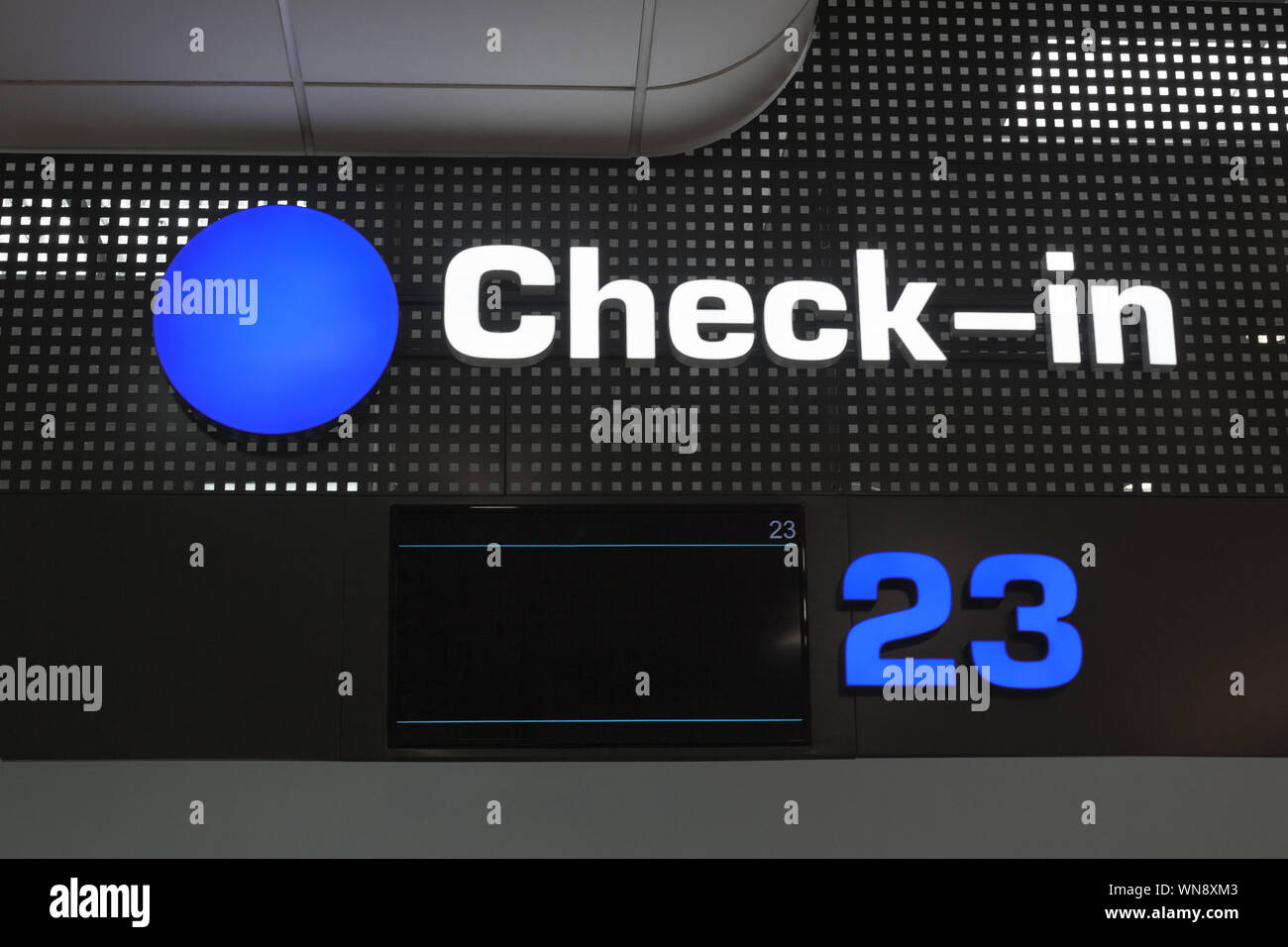 Check in desk at international airport, checkin counter and monitor for ...