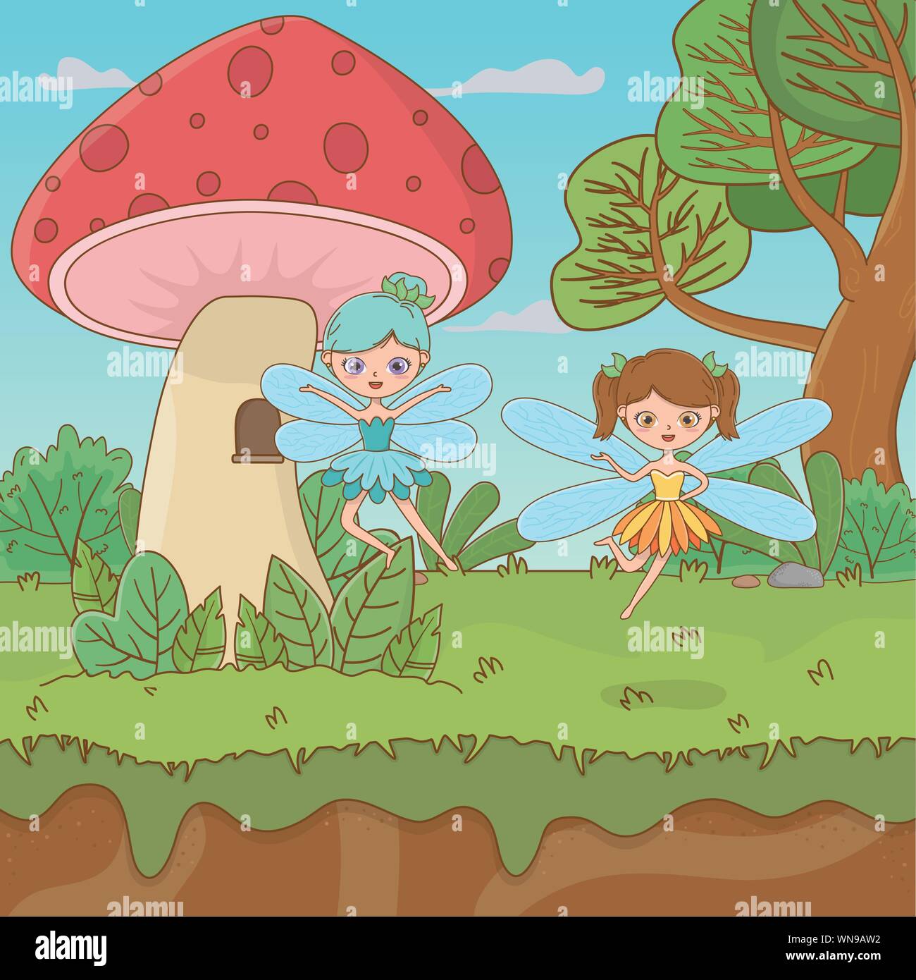 fairytale landscape scene with princess and fairy vector illustration ...