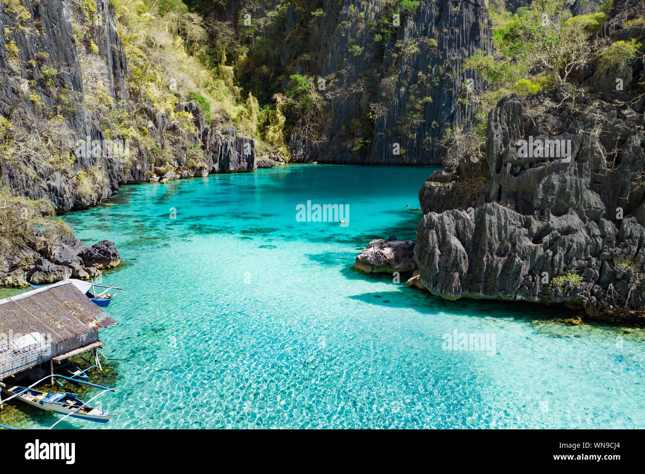 Aerial view of beautiful lagoons and limestone cliffs of Coron, Palawan ...