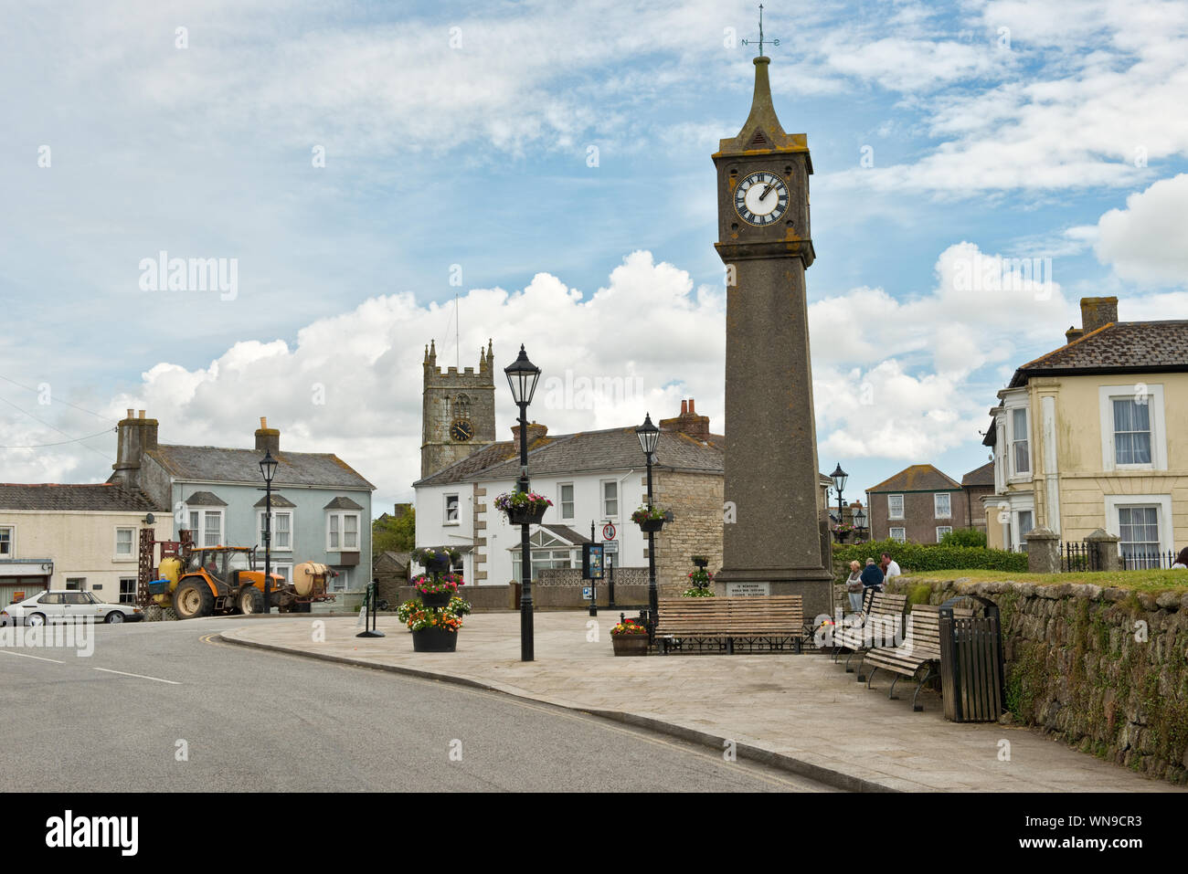 St Just town and central Bank Square and clock tower. SW Cornwall ...