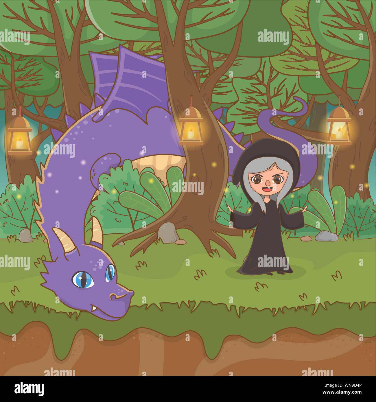 fairytale landscape scene with witch vector illustration design Stock ...
