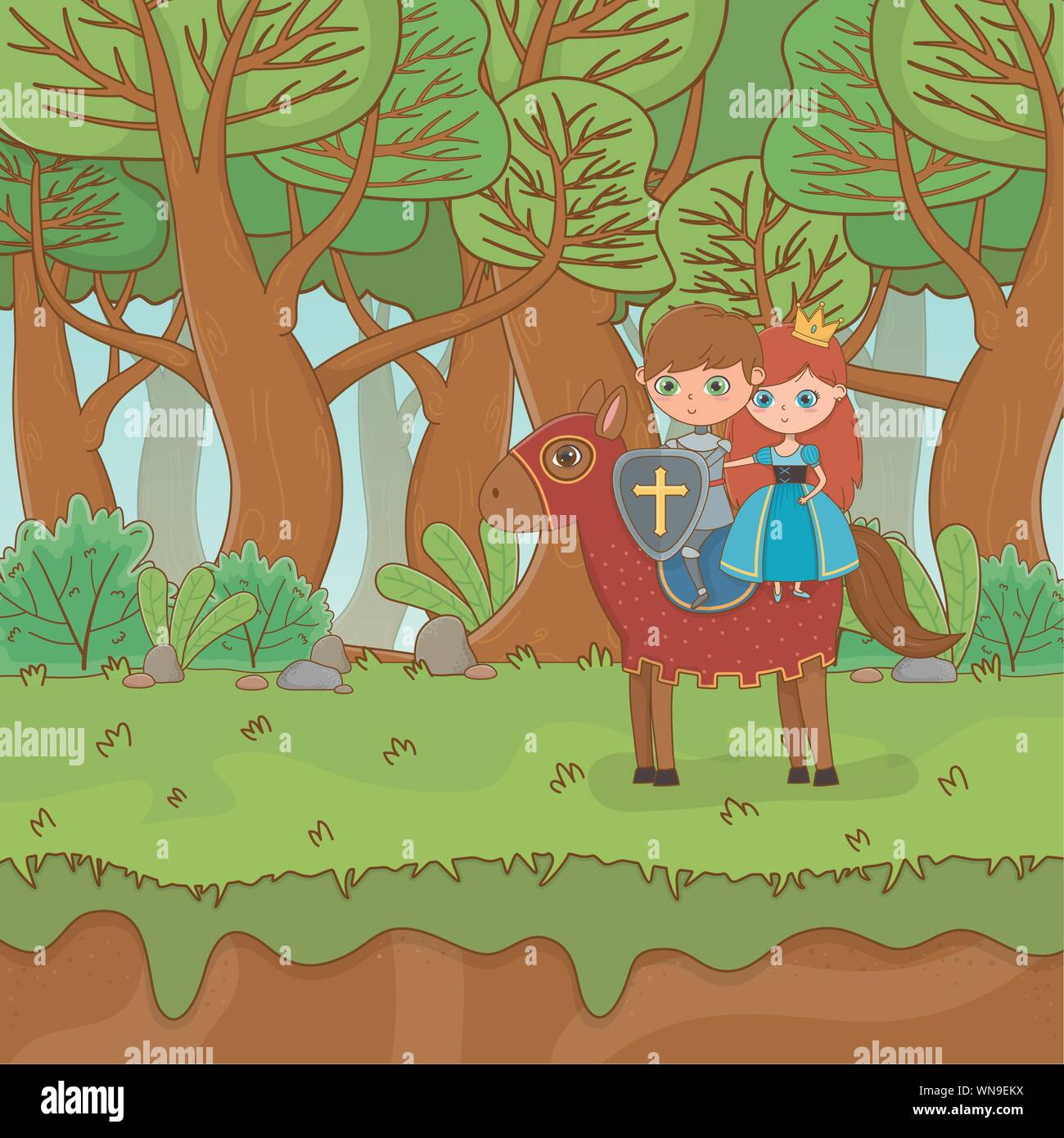 fairytale landscape scene with princess and warrior in horse vector ...