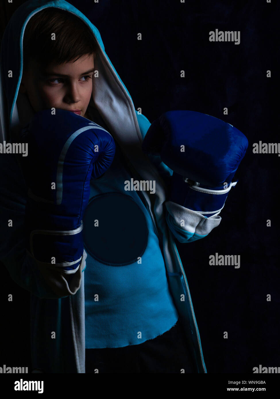 boy in boxing gloves, The defend position portrait on the black ...