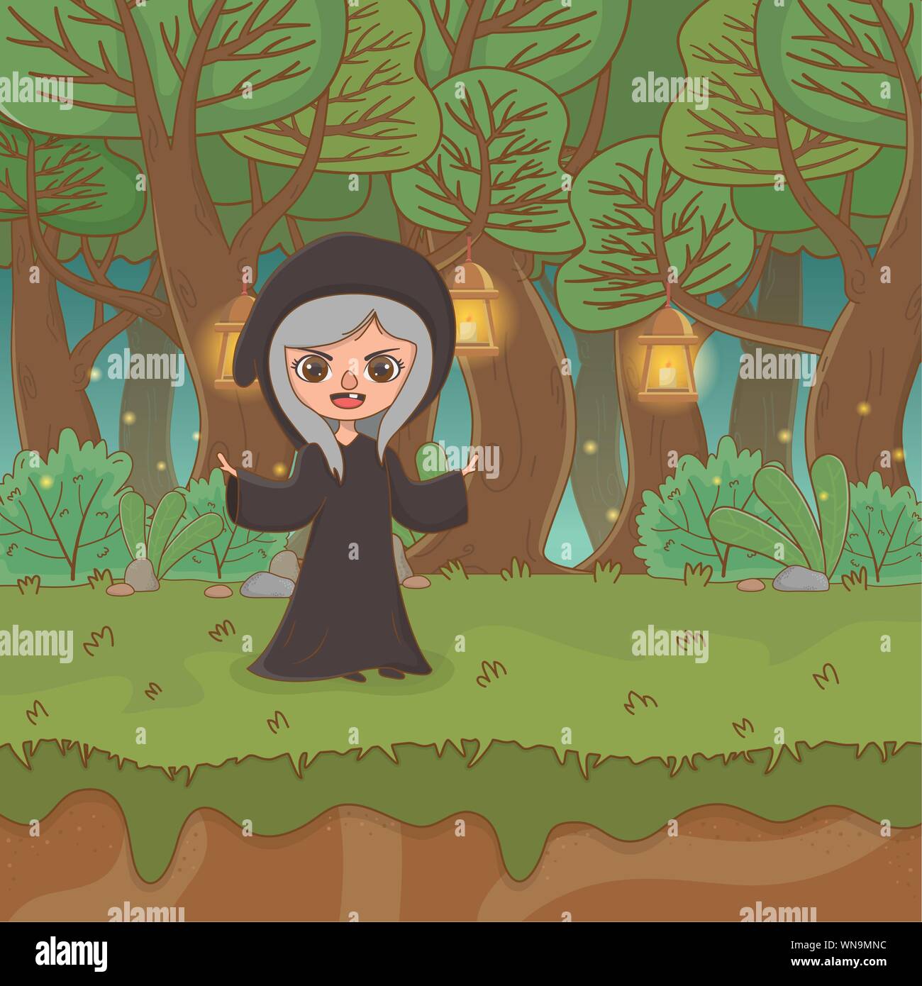 fairytale landscape scene with witch vector illustration design Stock ...
