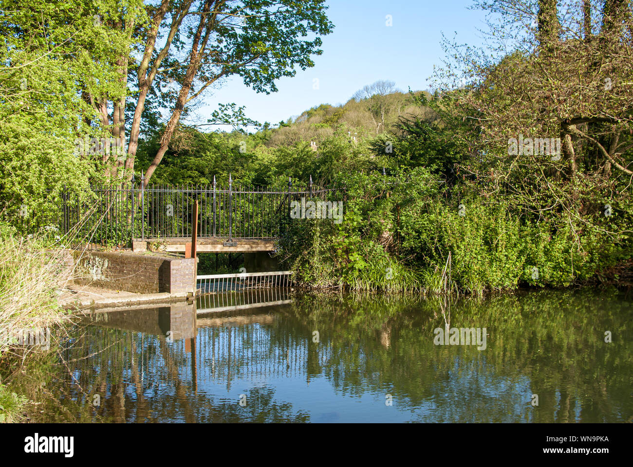 Sluice gate at the end of New Pool, Coalbrookdale, Shropshire, England ...