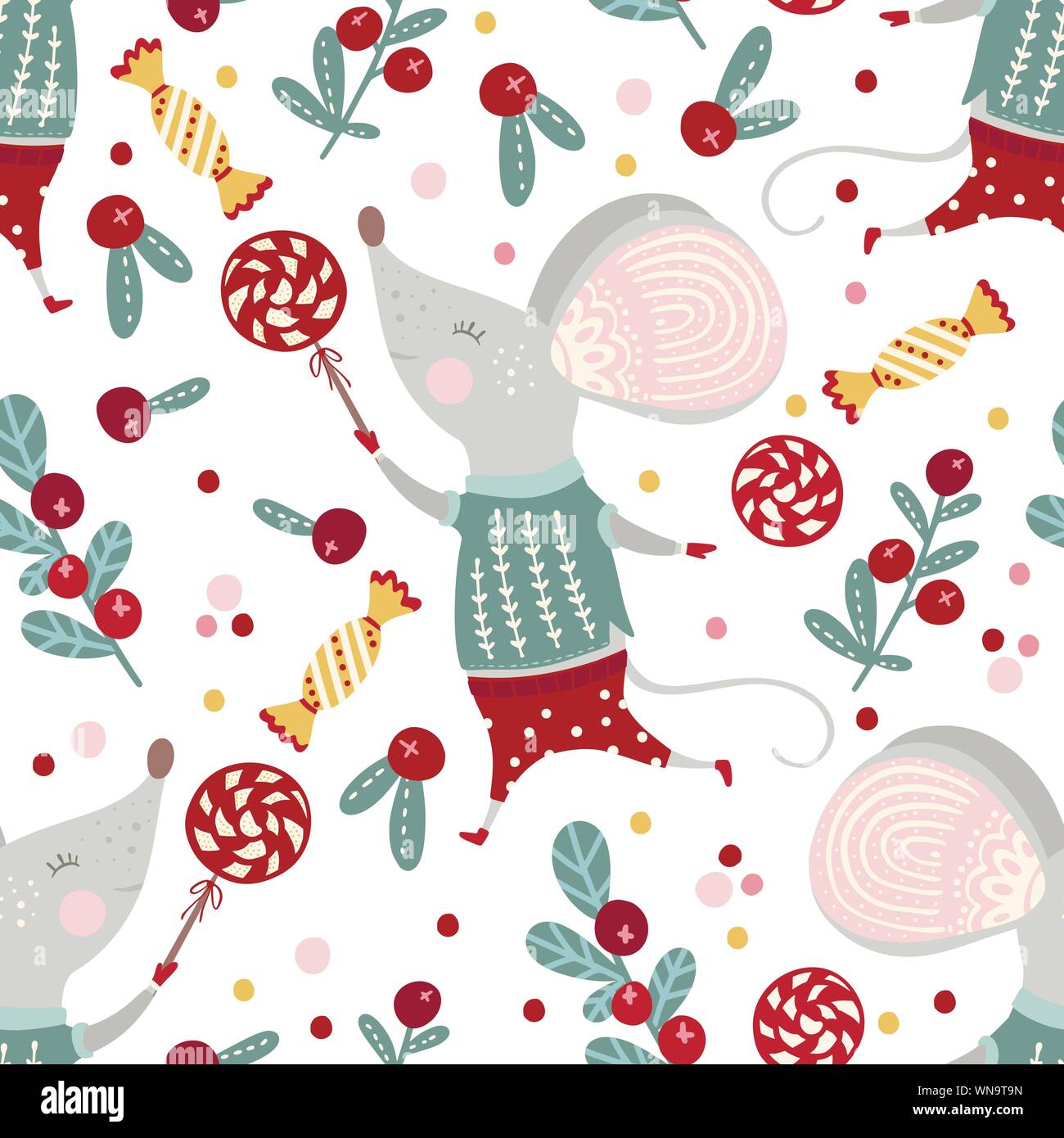 Seamless vector pattern with cute cartoon mouse in scandinavian style ...