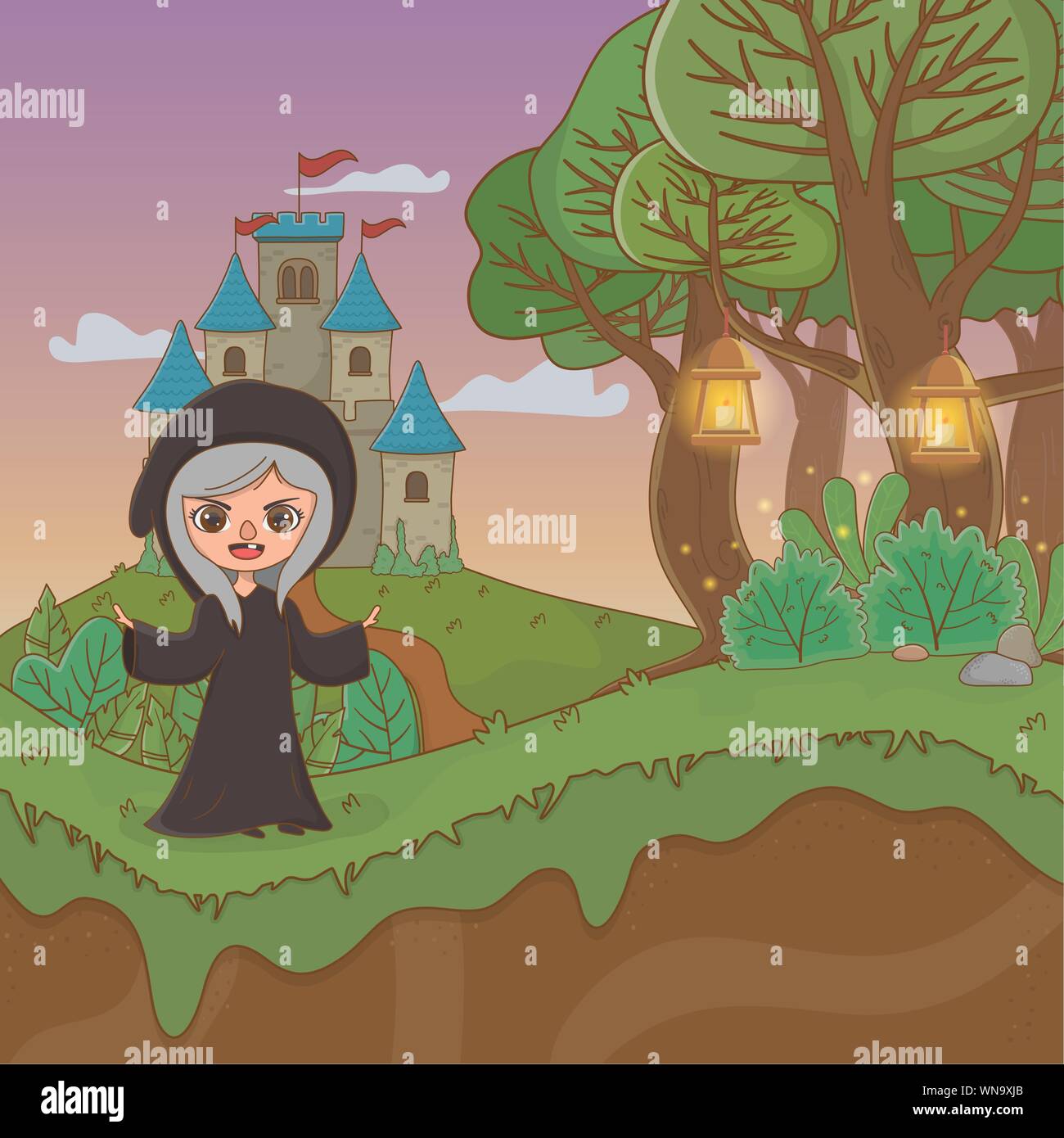 fairytale landscape scene with witch vector illustration design Stock ...