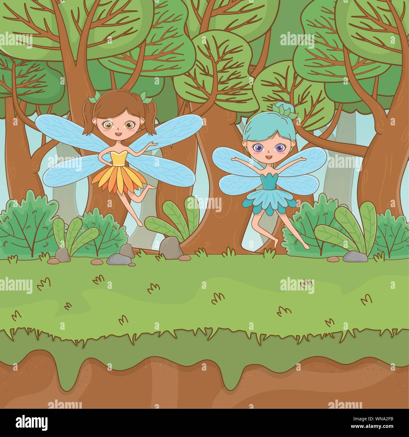 fairytale landscape scene with fairies flying vector illustration ...