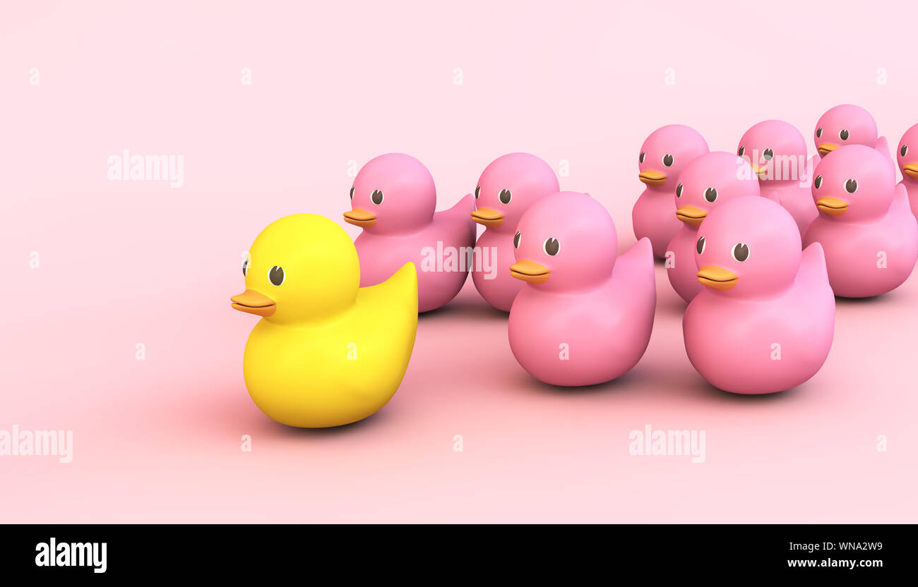 pink rubber ducks with yellow leader 3d rendering Stock Photo - Alamy