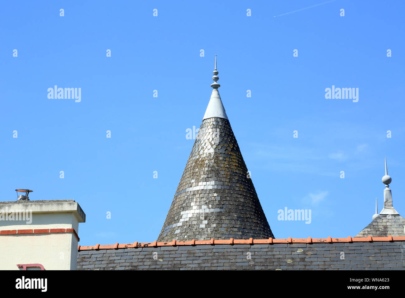 View of slate roof and turret on house in Rue Neuve, Ile aux Moines ...
