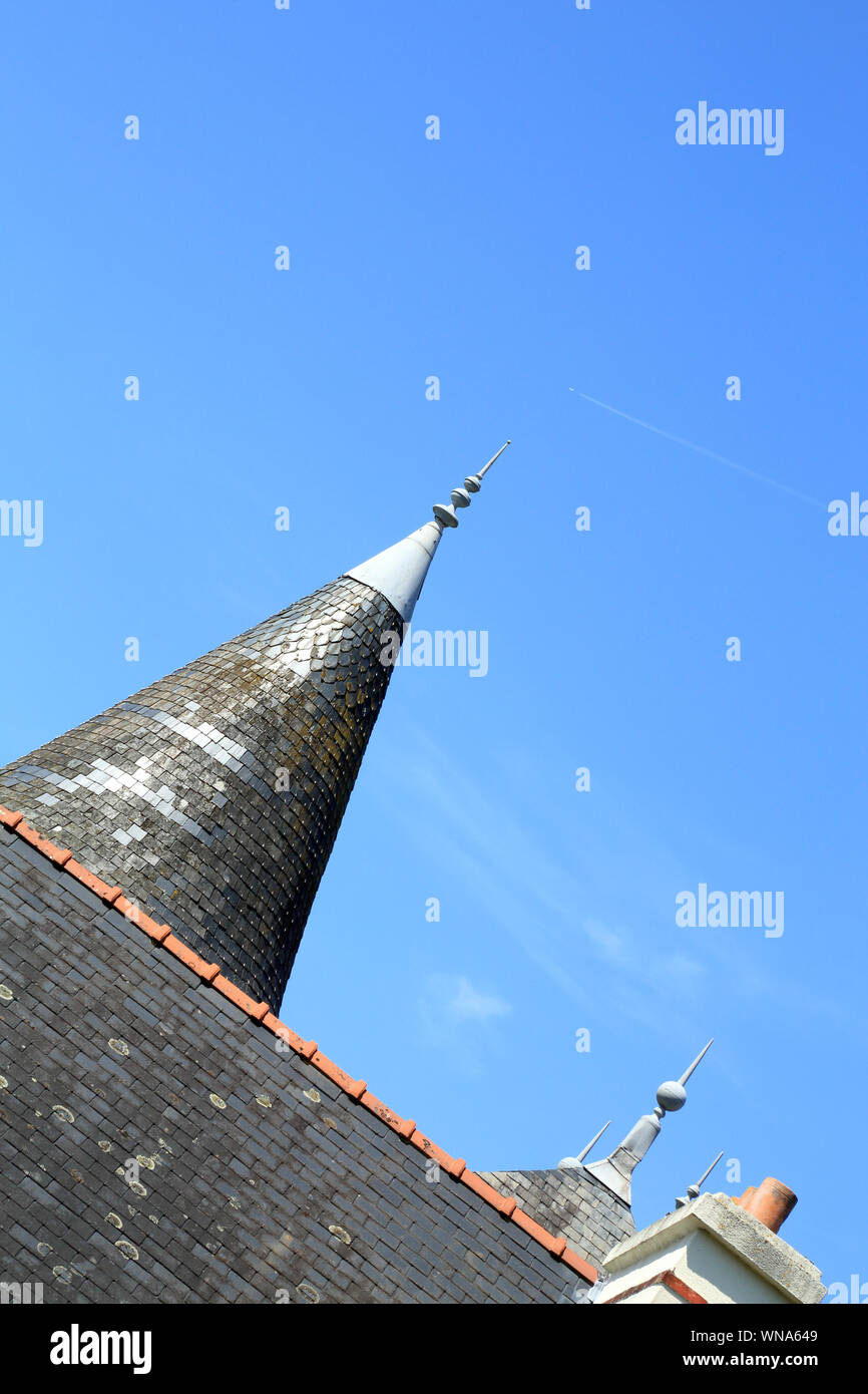 View of slate roof and turret on house in Rue Neuve, Ile aux Moines ...
