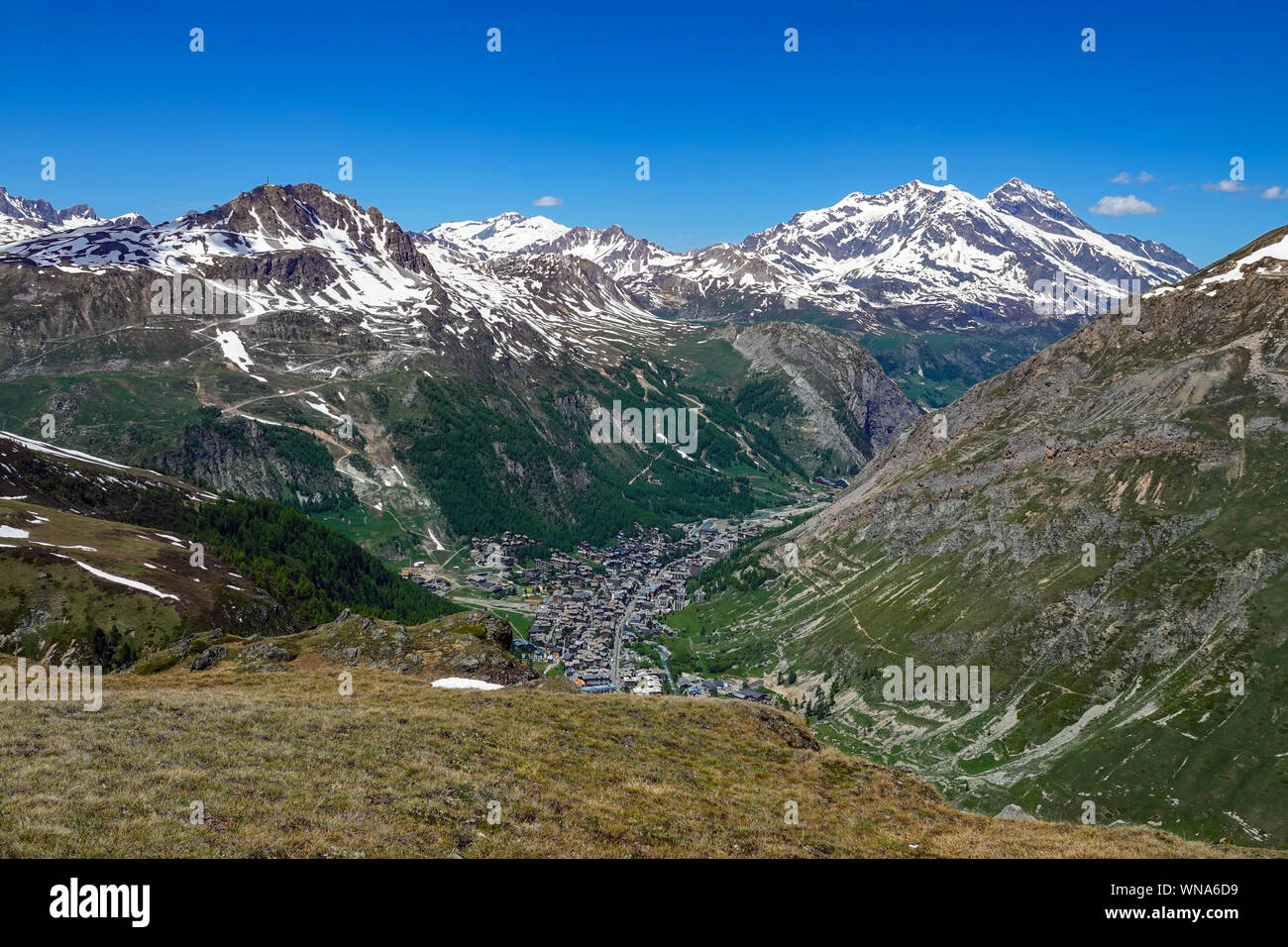 Val d'Isere and viewpoint from, Col de l'Iseran, high pass, summer ...