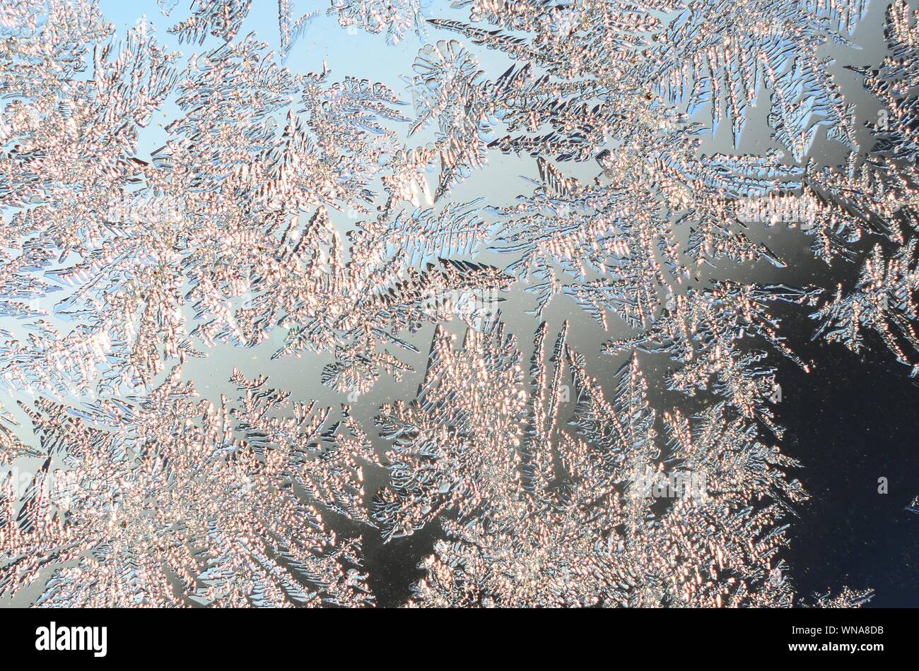 Snowflakes frost rime macro on window glass pane. Colorful ice on the ...