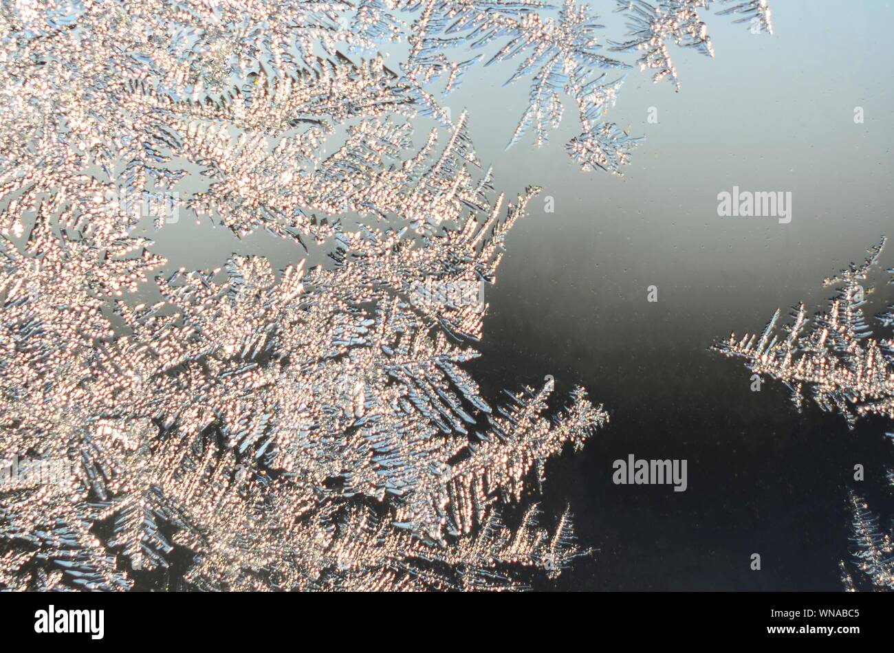 Snowflakes frost rime macro on window glass pane. Colorful ice on the ...