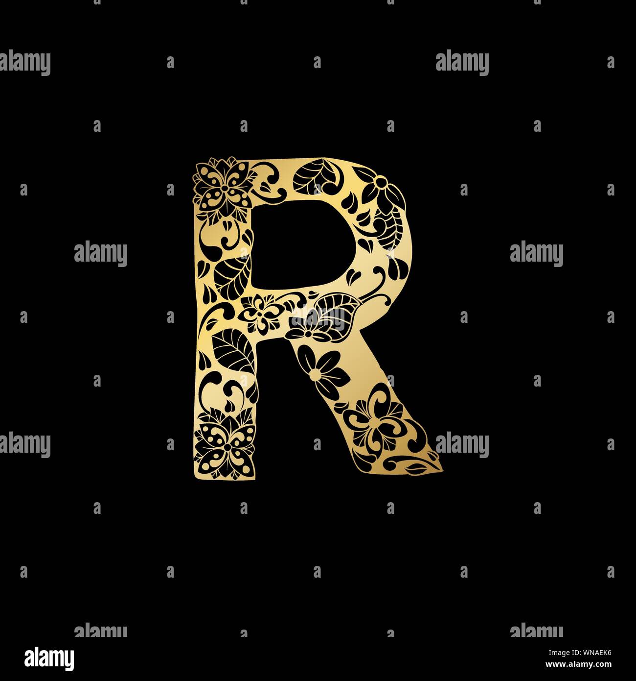 Golden Floral Ornamental Alphabet, Initial Letter R Font. Vector ...