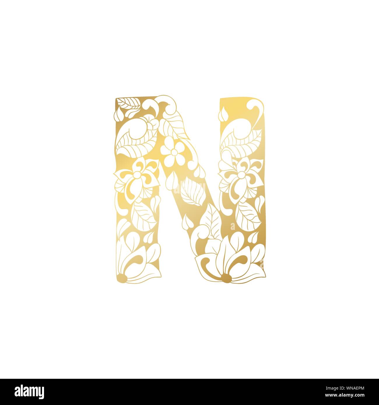 Golden Floral Ornamental Alphabet, Initial Letter N Font. Vector ...