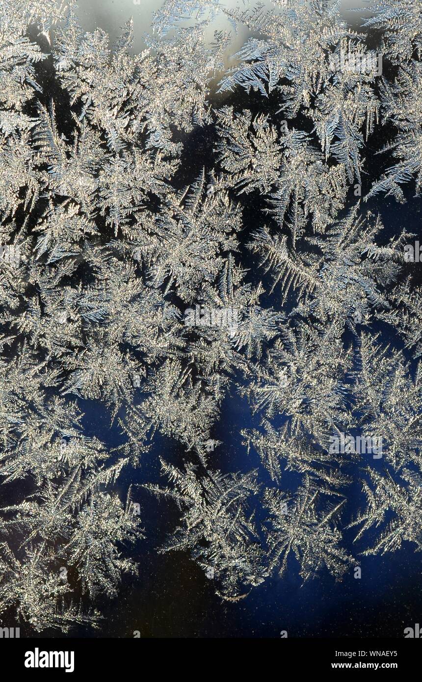 Snowflakes frost rime macro on window glass pane. Colorful ice on the ...