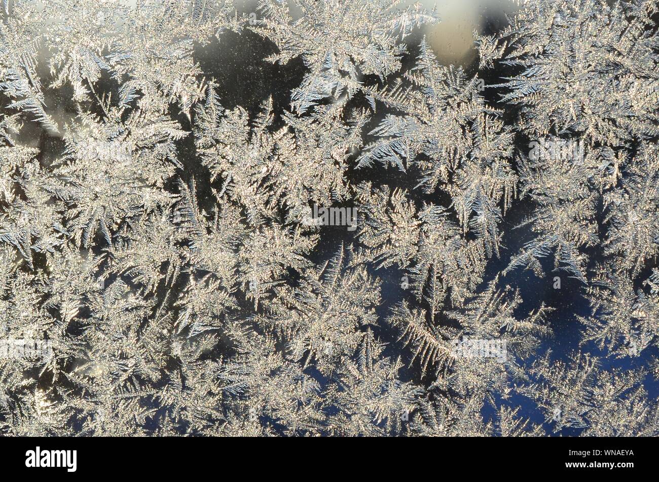 Snowflakes frost rime macro on window glass pane. Colorful ice on the ...
