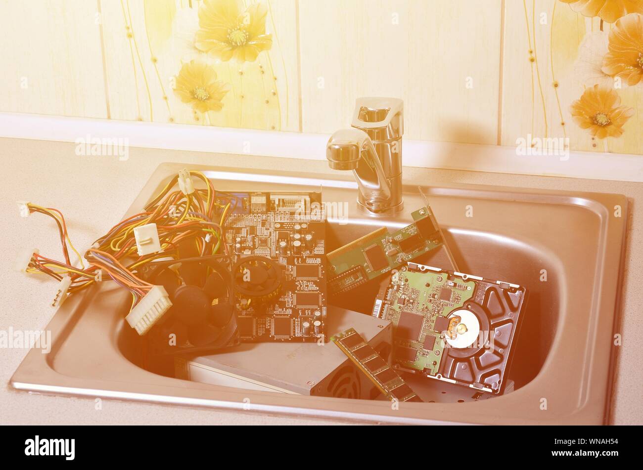 Personal computer cleaning metaphoric concept. Hardware in kitchen sink ...