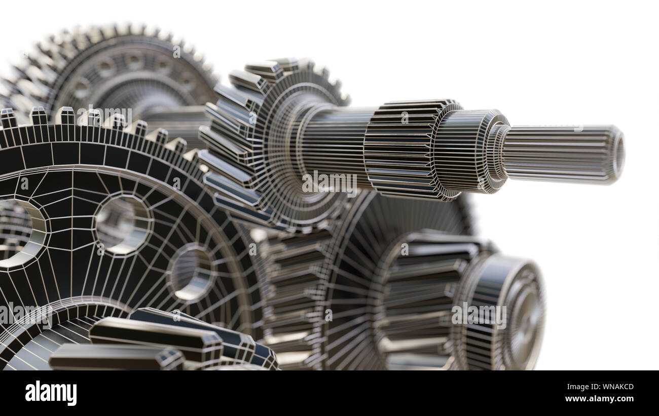 Futuristic gear mechanism, on white background. 3D illustration Stock ...