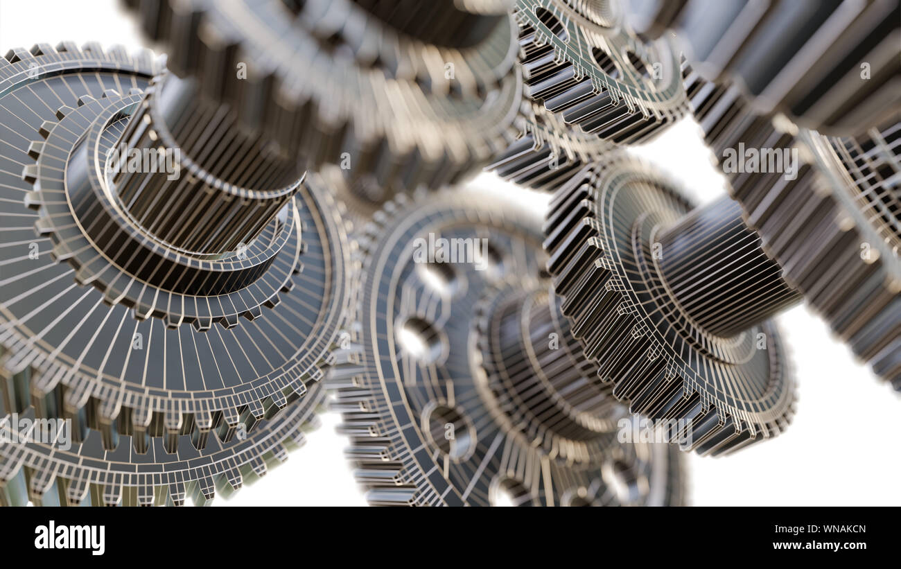 Futuristic gear mechanism, on white background. 3D illustration Stock ...