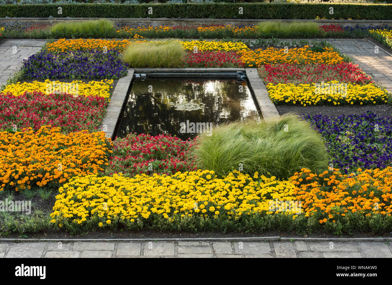 Block planting of colourful flowers in a formal garden around a ...