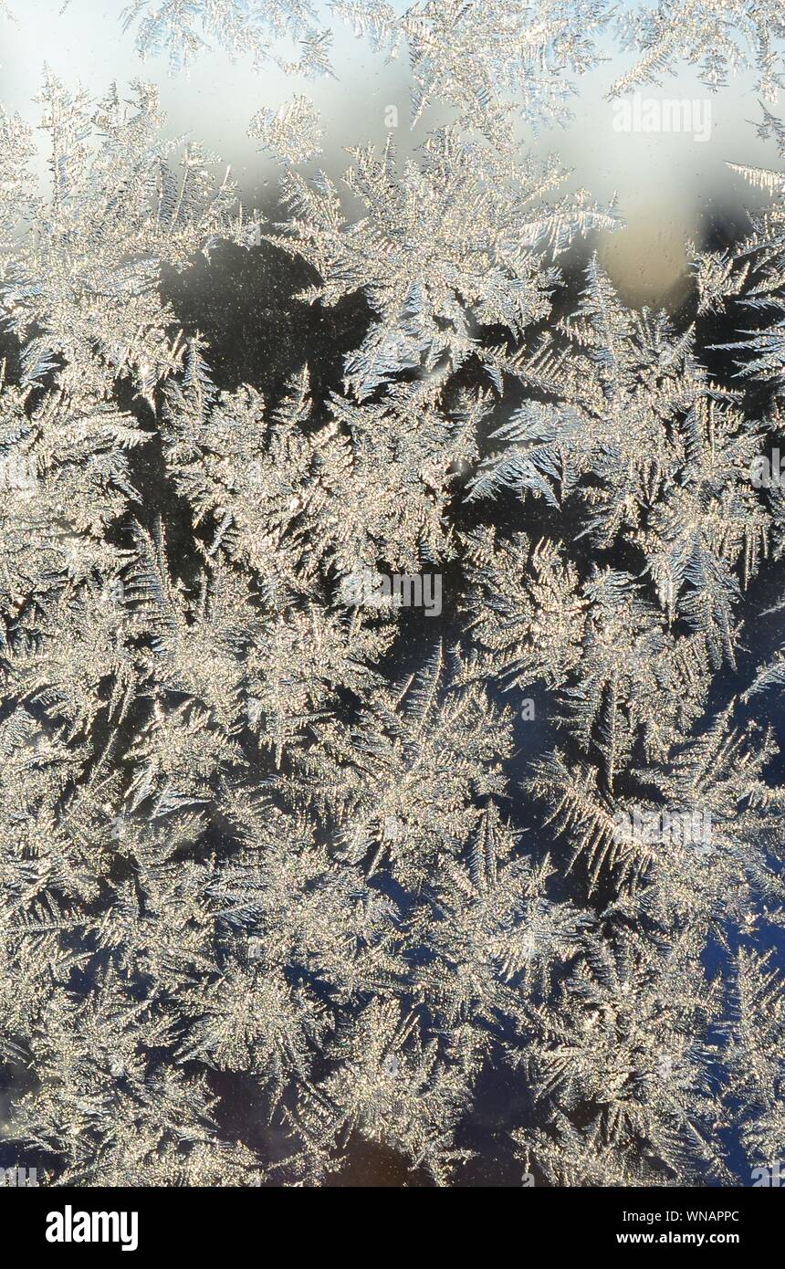 Snowflakes frost rime macro on window glass pane. Colorful ice on the ...